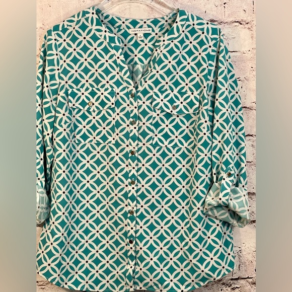 Notations | Tops | Notations Womens Green Black White Geo Print Blouse ...